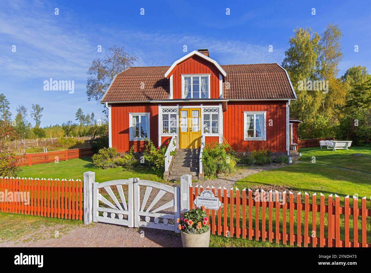 Katthult, red wooden farm house with fence from Astrid Lindgren's tales ...