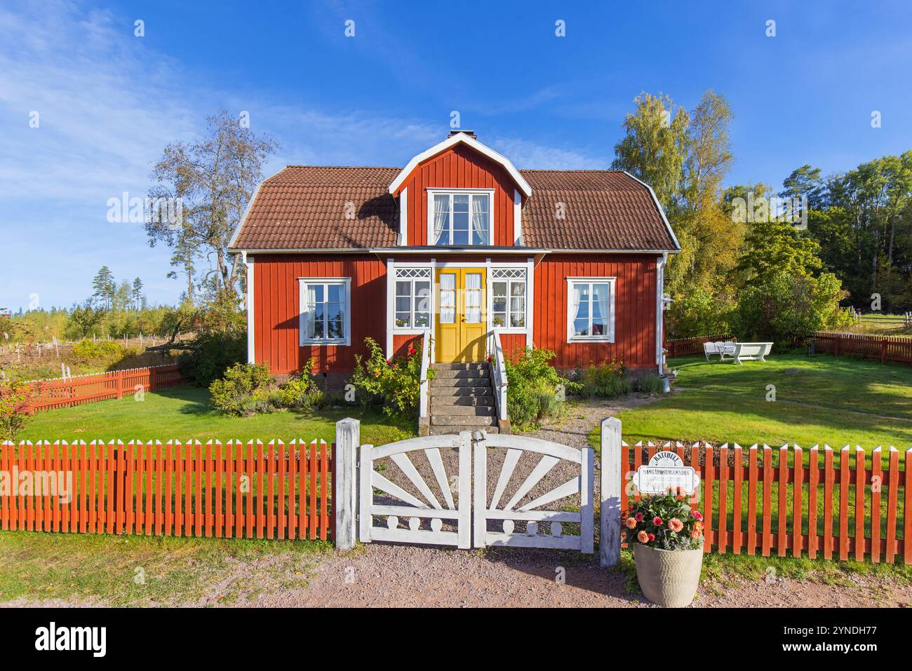 Katthult, red wooden farm house with fence from Astrid Lindgren's tales ...