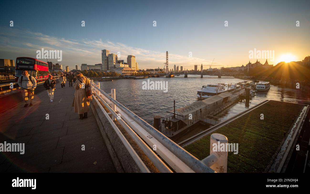 LONDON- NOVEMBER 21, 2024: Wide angle view of Waterloo Bridge and the ...