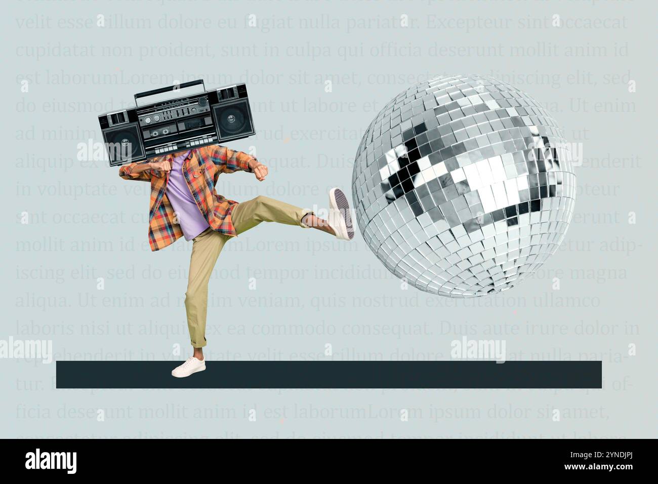 Creative poster collage of leg kicking disco ball boom box instead head ...