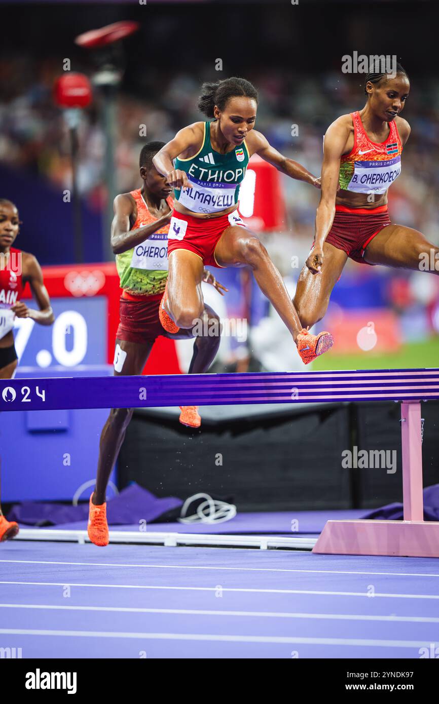 Sembo Almayew participating in the 3000 metres steeplechase at the ...