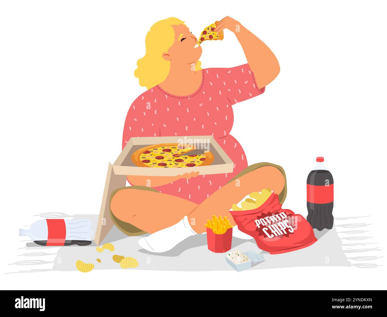 Depressed woman eating junk food Stock Vector Images - Alamy