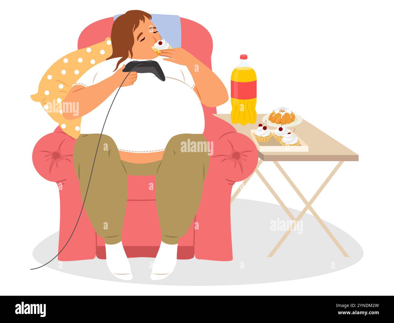 Fat teenager guy character eating calorie sweets playing computer games ...