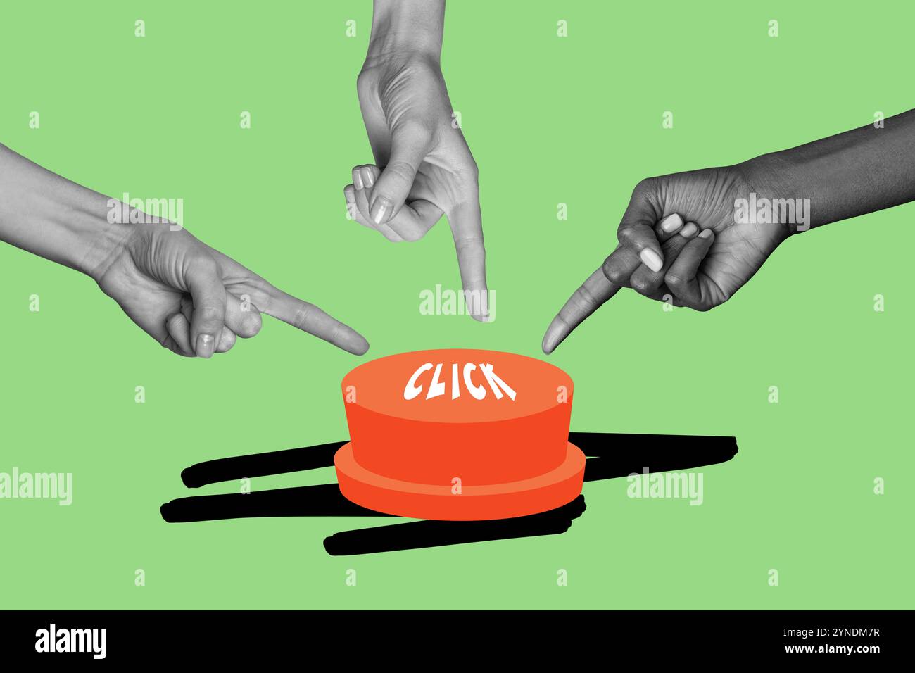 Creative drawing collage picture of fingers hands point click button ...