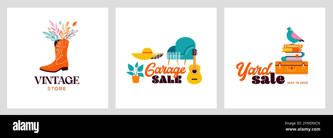 Garage Sale, Yard sale, Second Hand, Vintage store, logos, posters ...