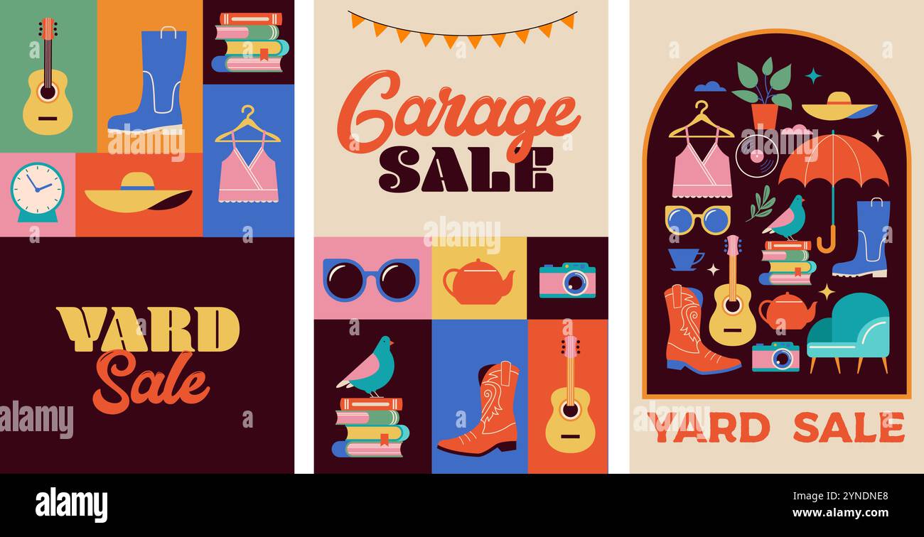 Garage Sale, Yard sale posters, flyers, post templates. Retro style ...