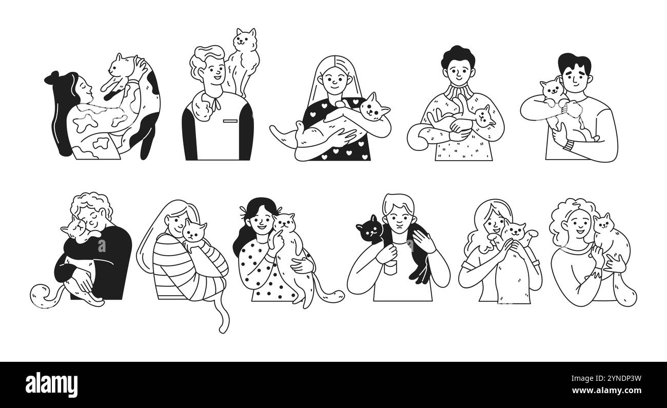 Pet owners showing care for beloved cats linear icons collection. Human ...