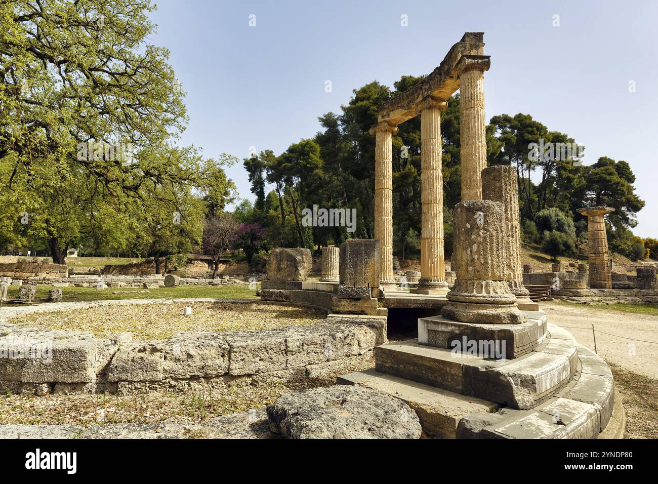Philippeion, restored ruins, rotunda, ancient Olympia in spring, archaeological site, sanctuary ...