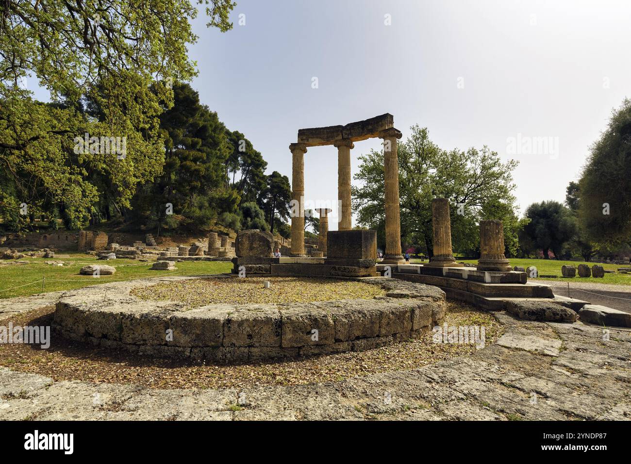 Philippeion, restored ruins, rotunda, ancient Olympia in spring ...