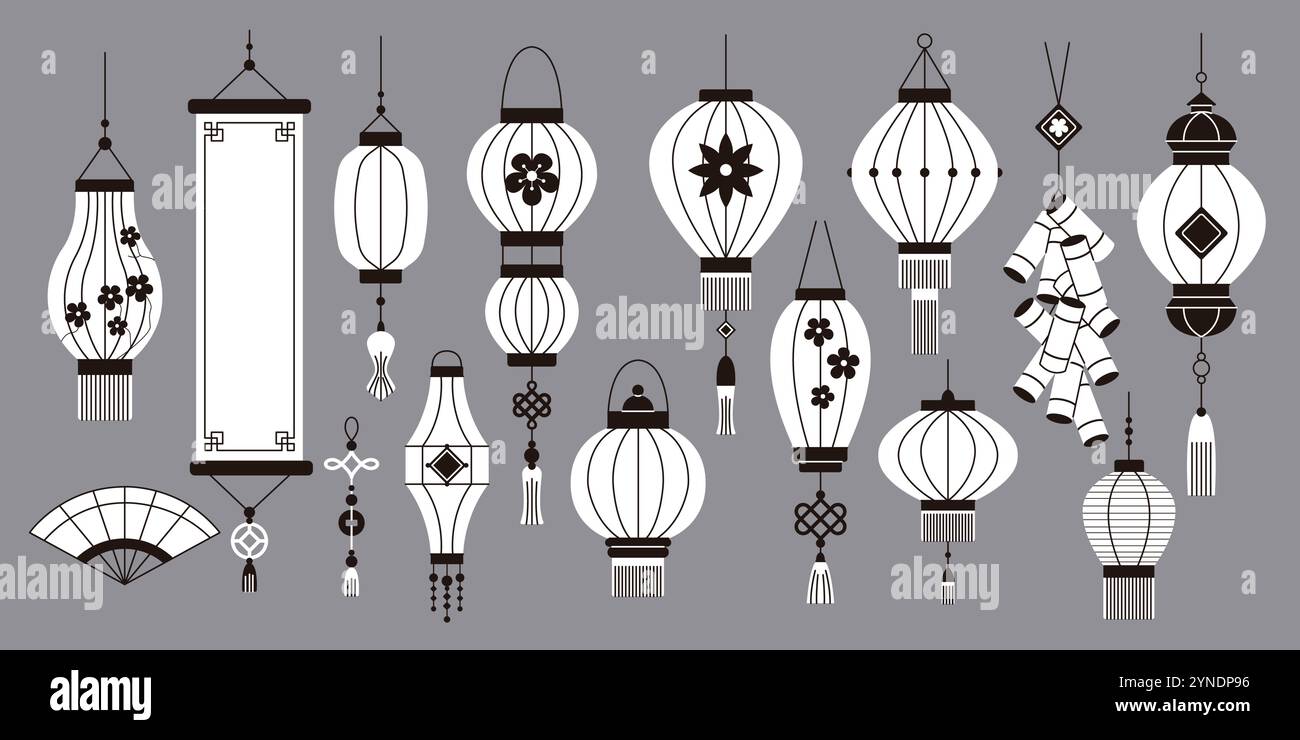 Chinese New Year celebration attributes linear icons collection ...