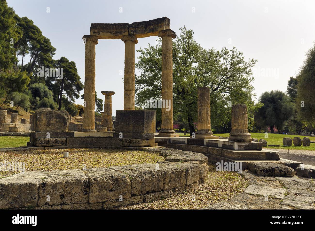 Philippeion, restored ruins, rotunda, ancient Olympia in spring ...