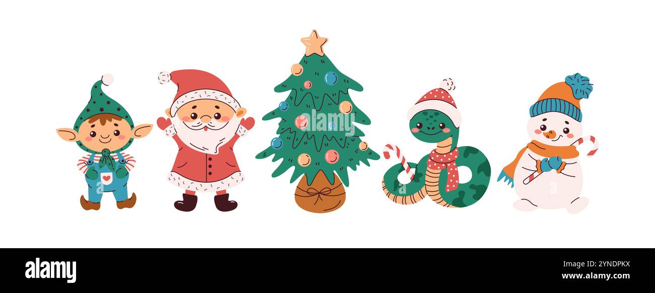 Funny Christmas symbols flat color vector objects set. Festive winter ...