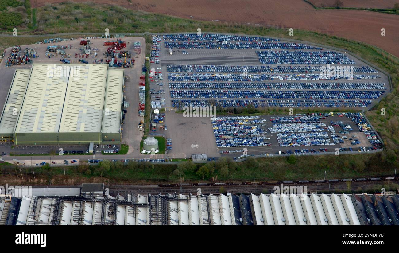 Aerial view of new cars stockpiled at Longbridge car factory in ...