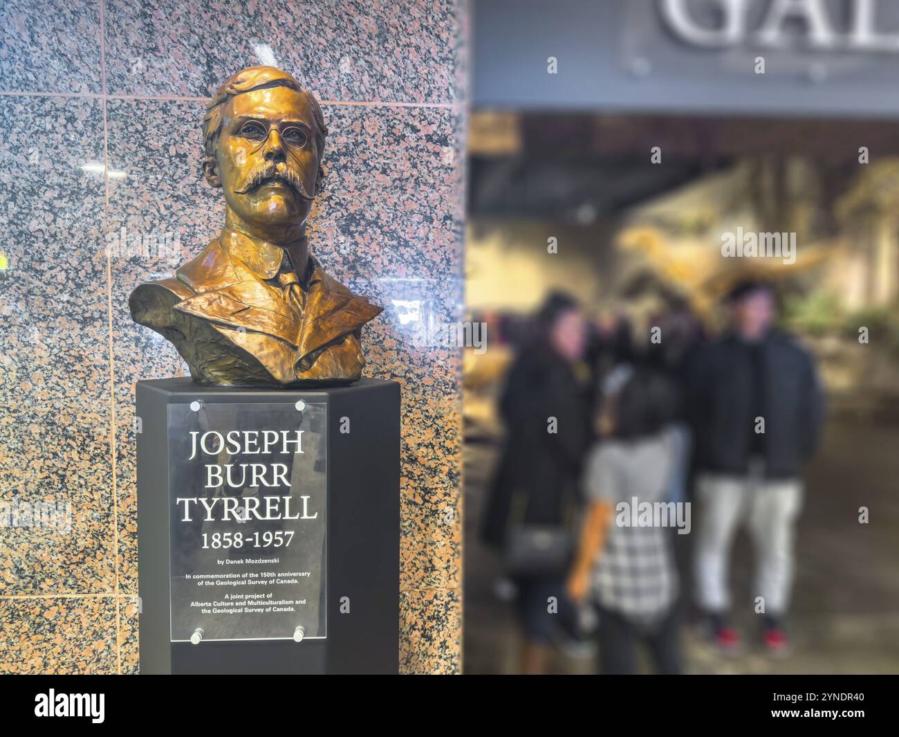 Drumheller, Alberta, Canada. Feb 21, 2024. A Joseph Burr Tyrrell statue ...