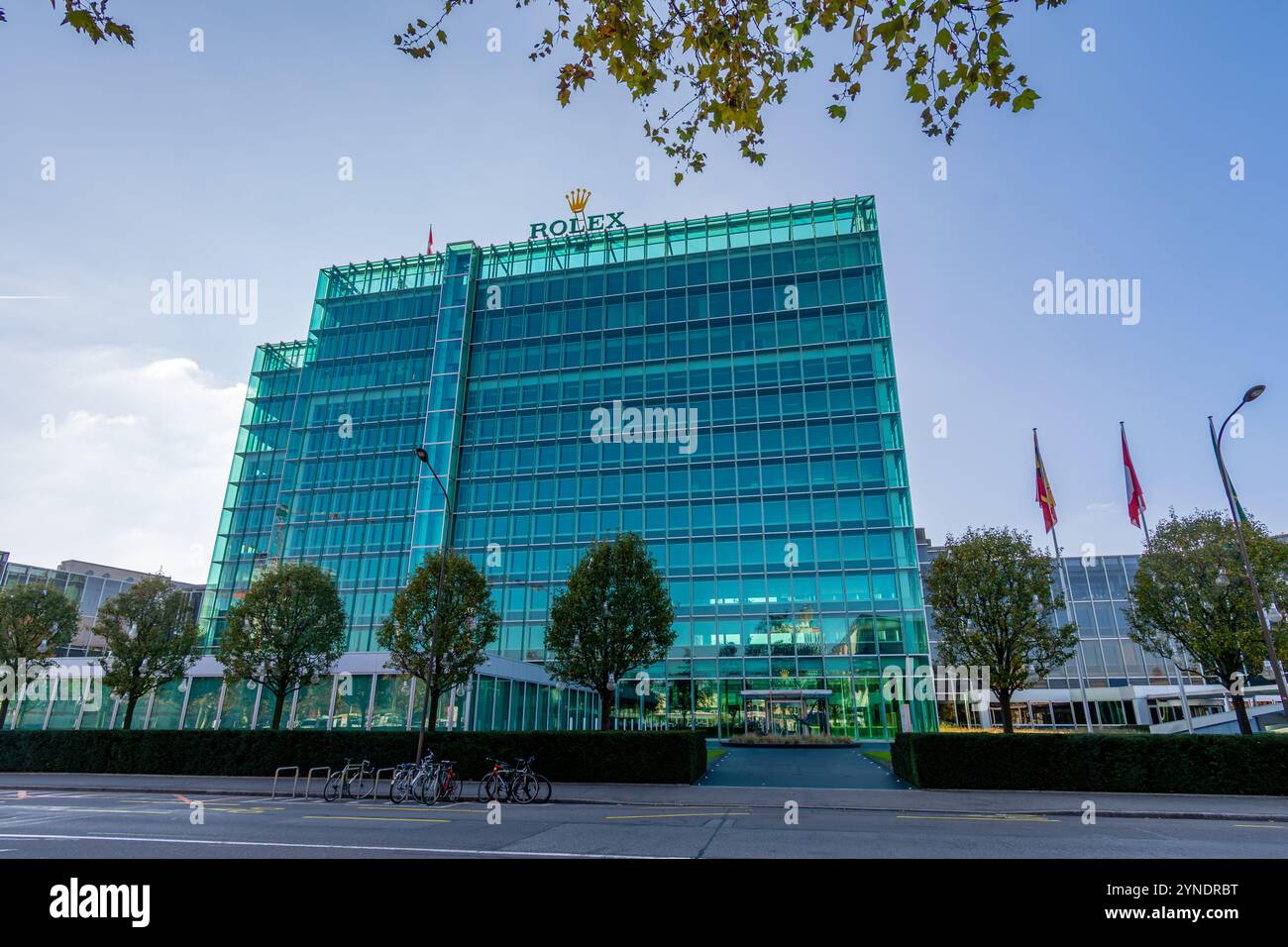 Exterior view of the Rolex headquarters building. Rolex is a Swiss ...