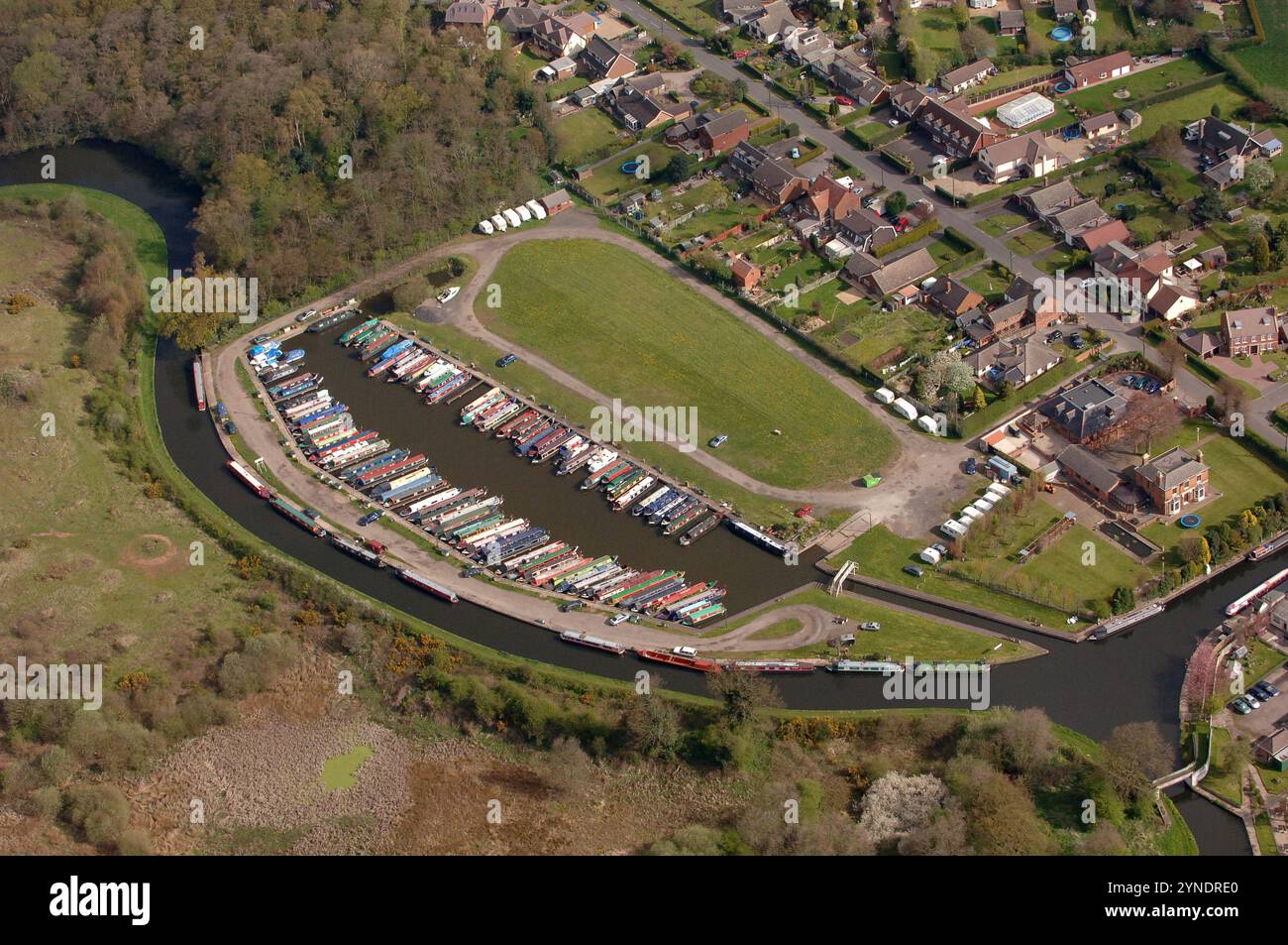 Aerial view of narrowboats moored at Hatherton Marina at Calf Heath ...