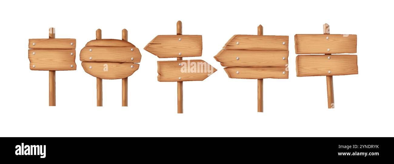 Wooden signposts nailed to posts realistic color icons set. Old ...