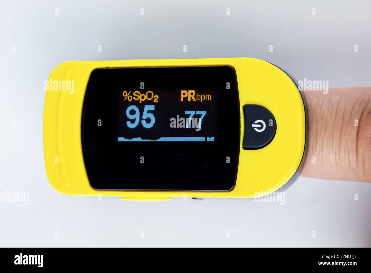 A close up person's finger using a pulse oximetry, noninvasive method ...