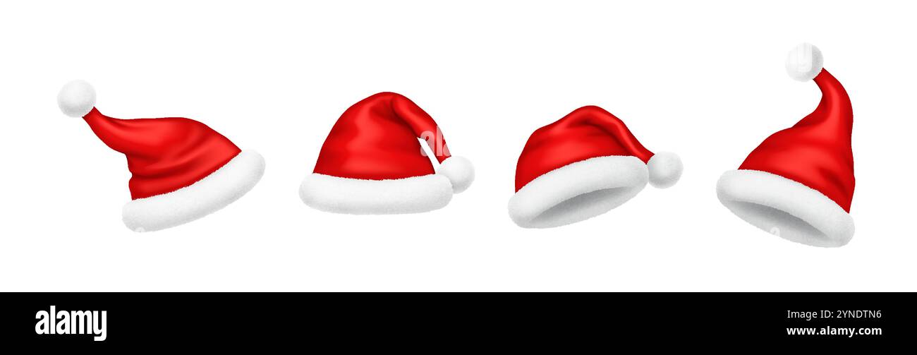 Cute red Santa hats with fluffy pompoms realistic vector illustration ...