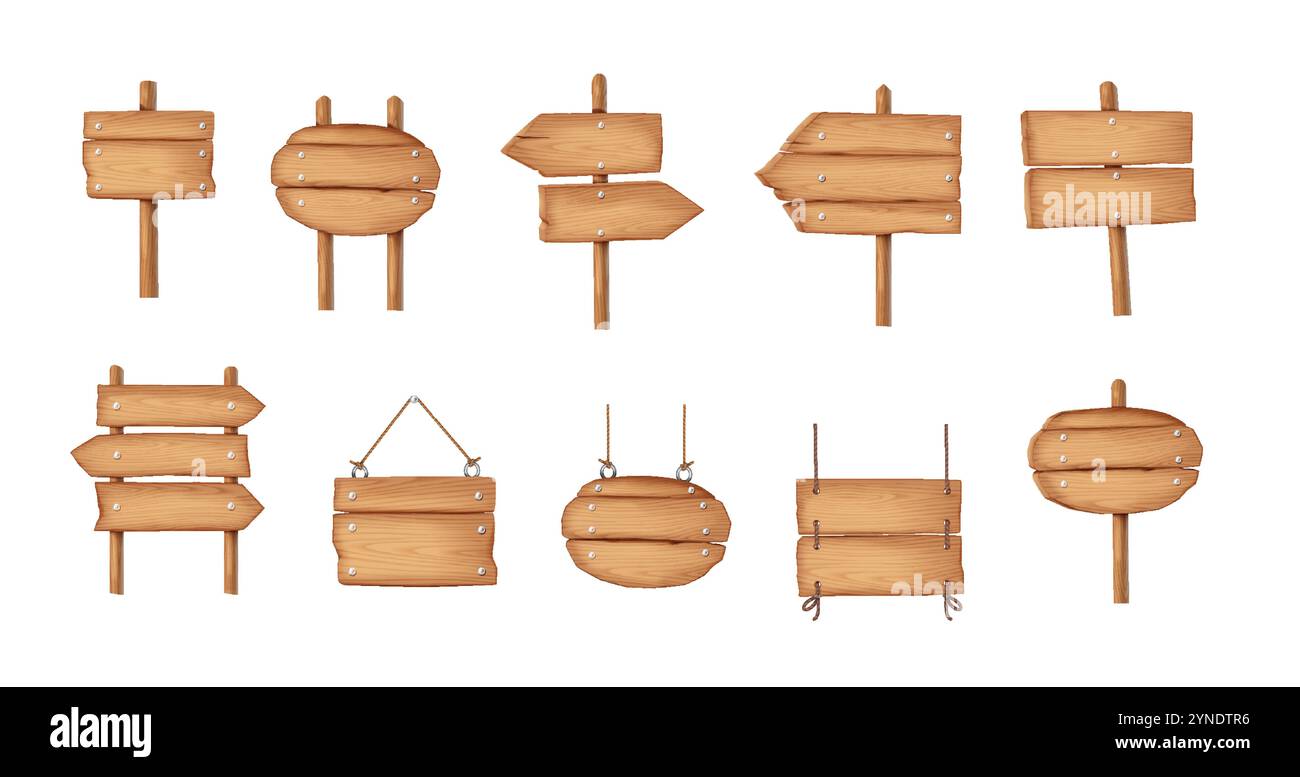 Wooden signposts presenting various shapes realistic color icons set ...