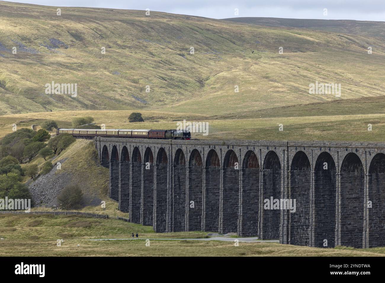 Steam train crossing Ribblehead Viaduct, railway bridge over the valley ...