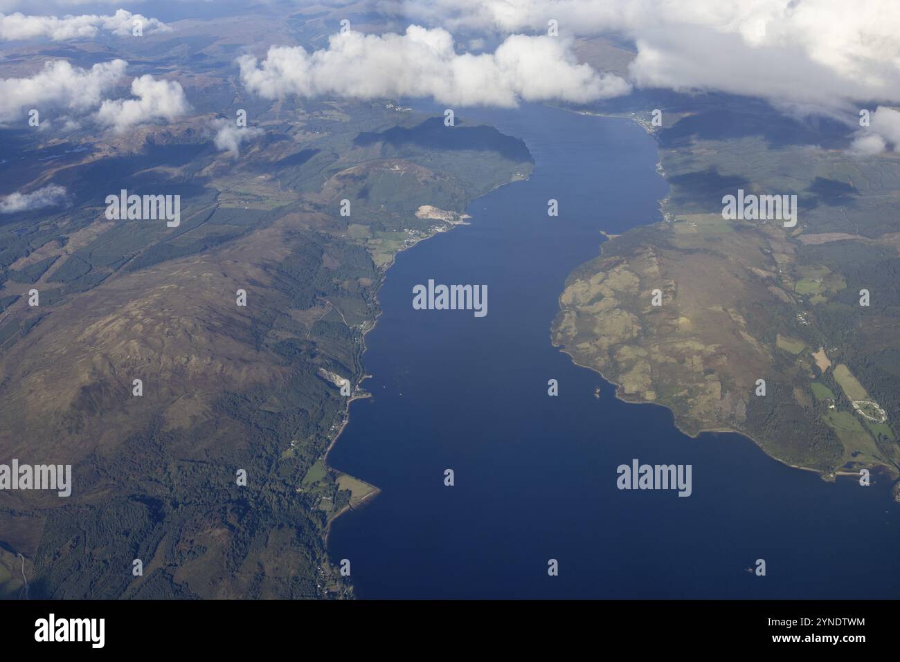 Aerial view, lochs, mountains and clouds, Highlands, Scotland, Great ...