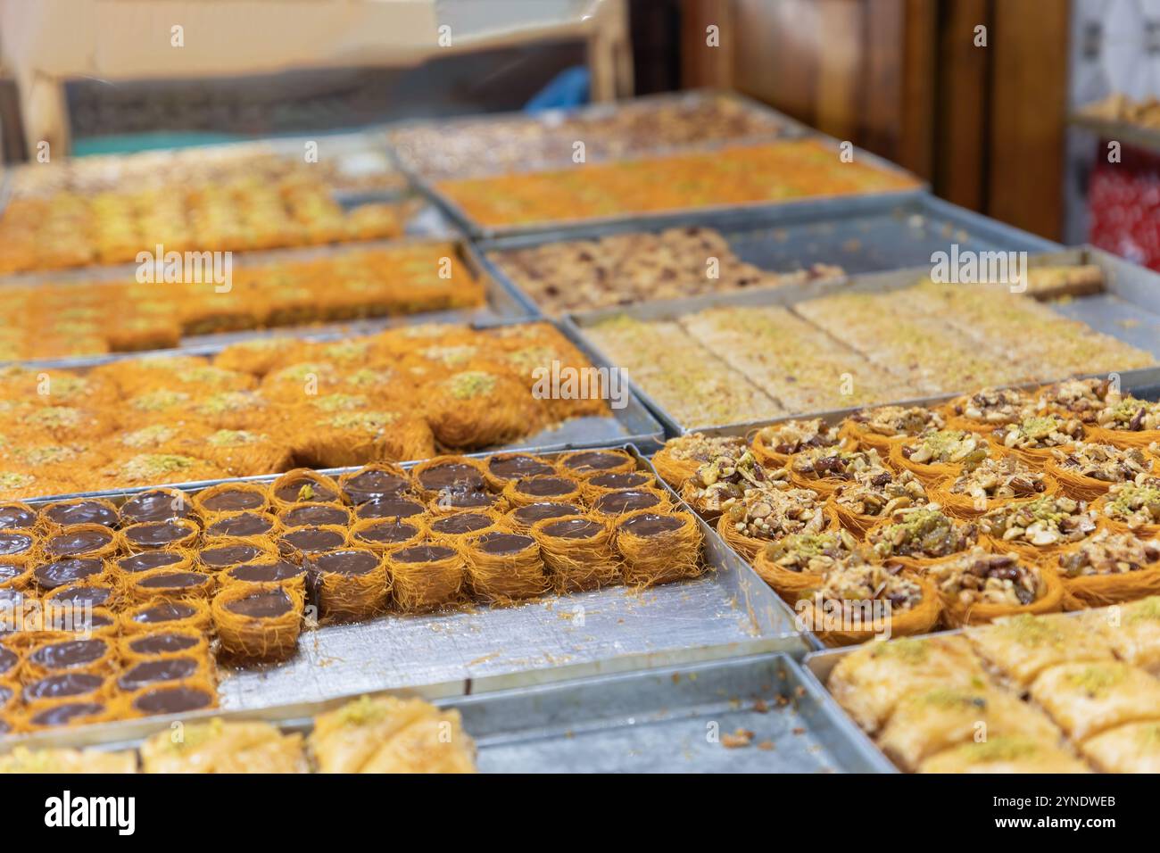 Handmade sweet pastries displayed in a market in the city of Fez ...