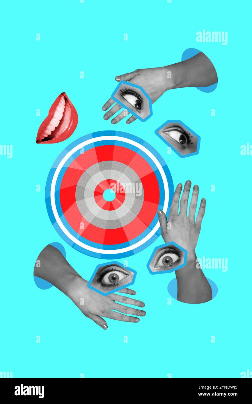 Vertical photo collage of bodyless eyes stare hands mouth lips smile ...