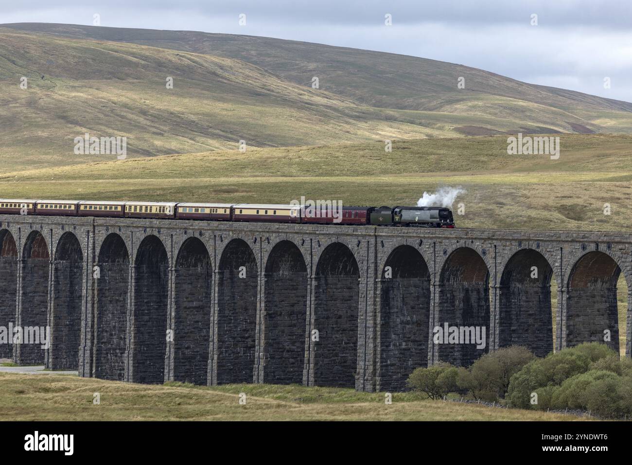 Steam train crossing Ribblehead Viaduct, railway bridge over the valley ...