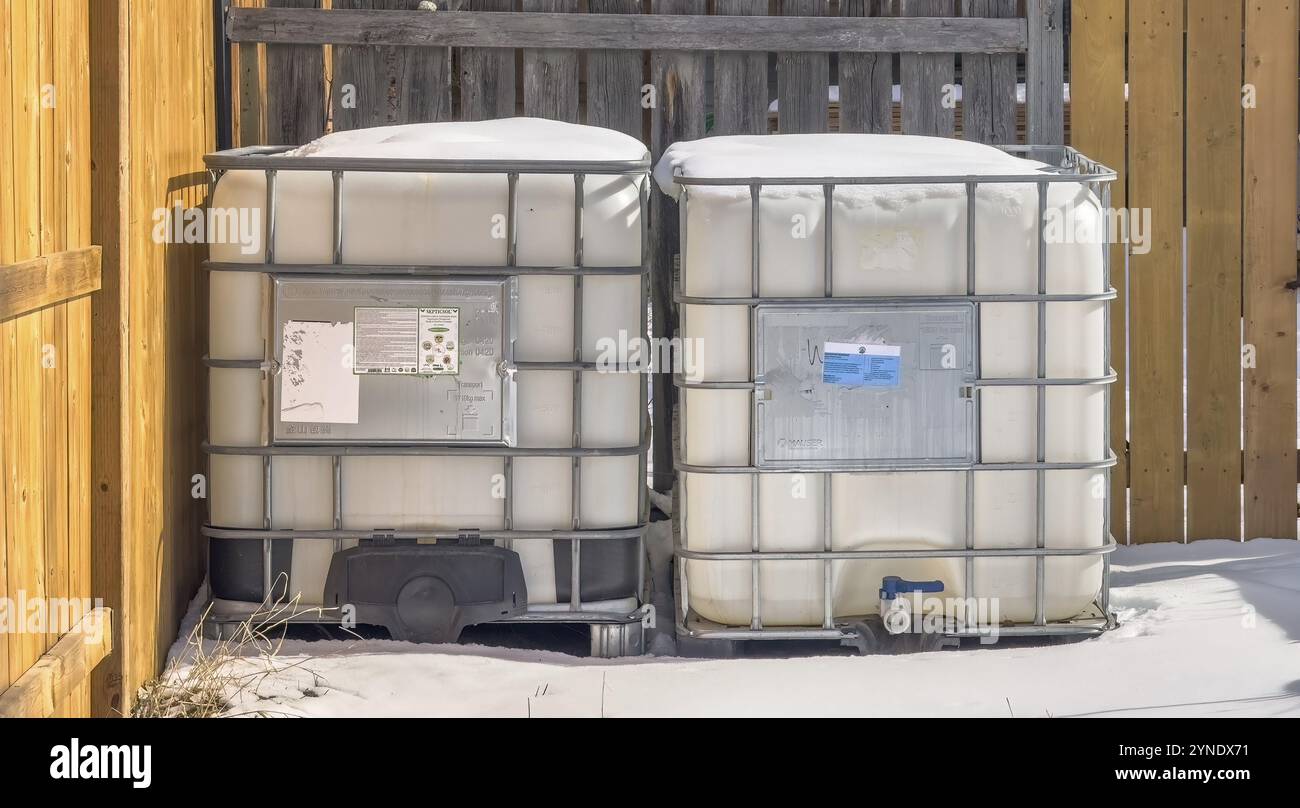 Calgary, Alberta, Canada. Mar 6, 2024. Some IBC container tanks set up ...
