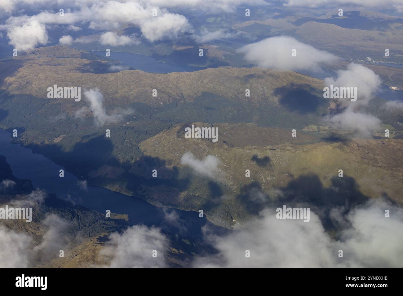 Aerial view, lochs, mountains and clouds, Highlands, Scotland, Great ...