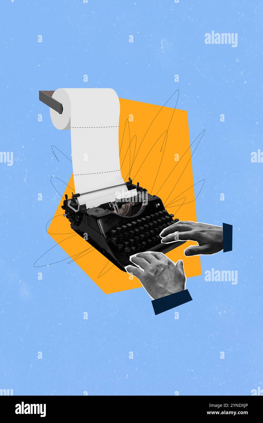 Vertical photo collage of journalist hands push typewriter machine ...