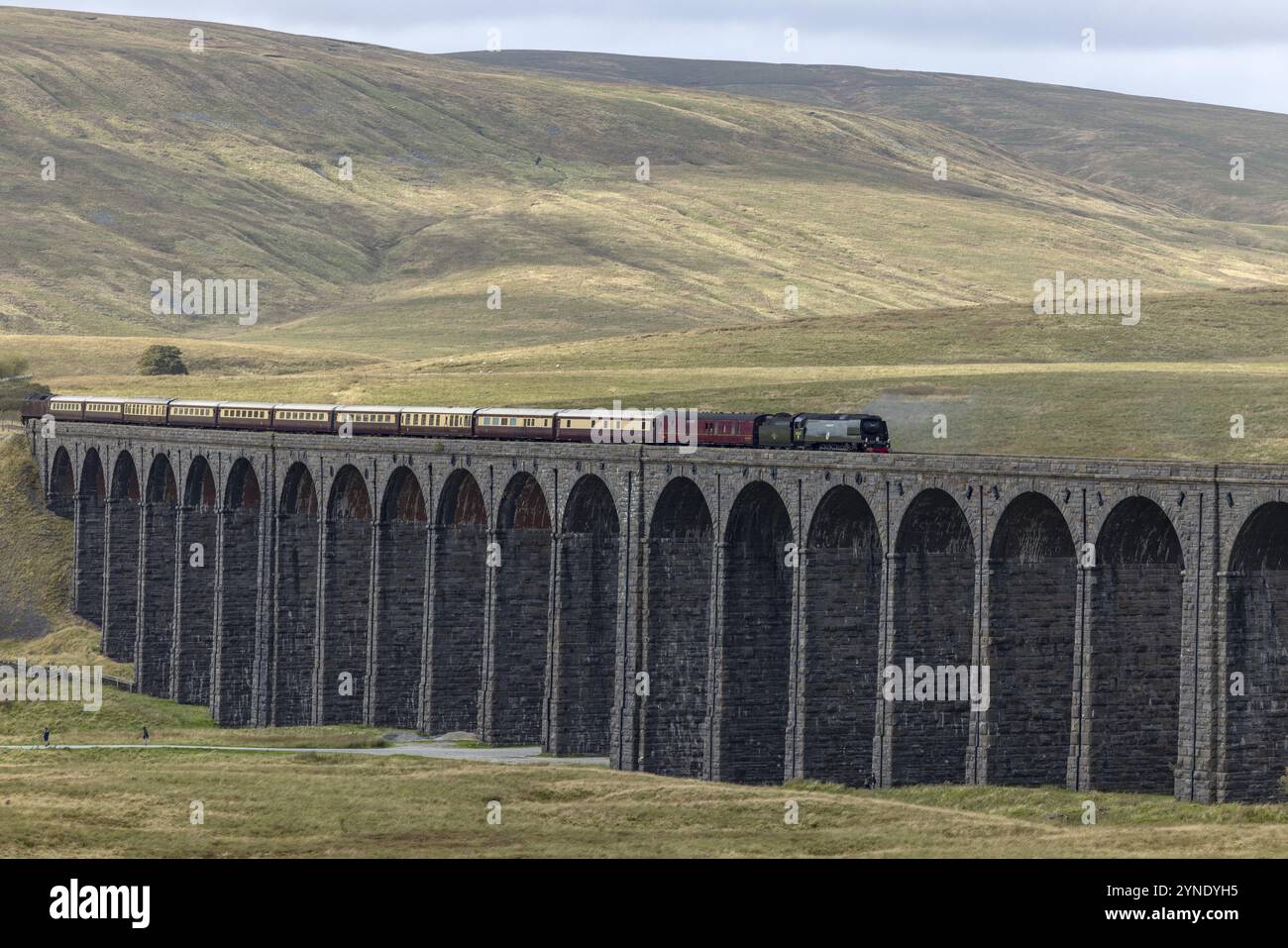Steam train crossing Ribblehead Viaduct, railway bridge over the valley ...