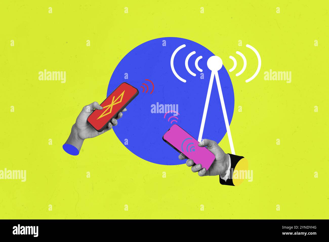 Composite photo collage of hands hold phone device internet antenna ...