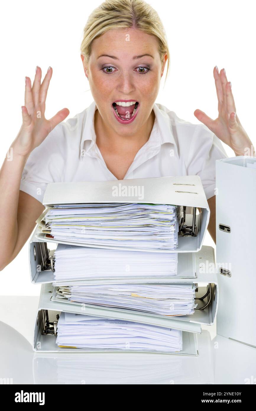 A blonde woman in the office is overwhelmed with work. burnout syndrome ...