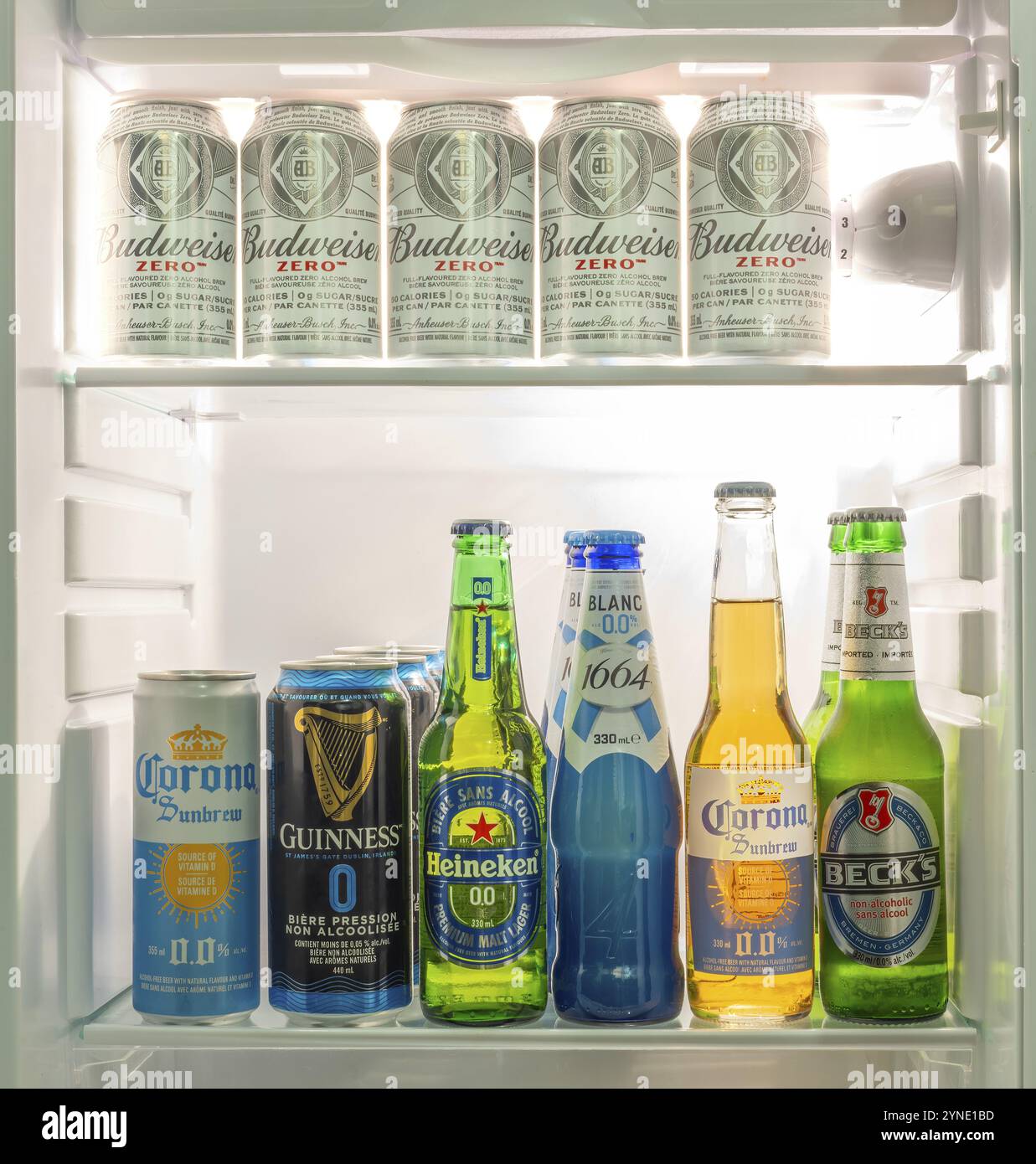 Calgary, Alberta, Canada. Aug 7, 2024.a variety of non-alcoholic beers ...