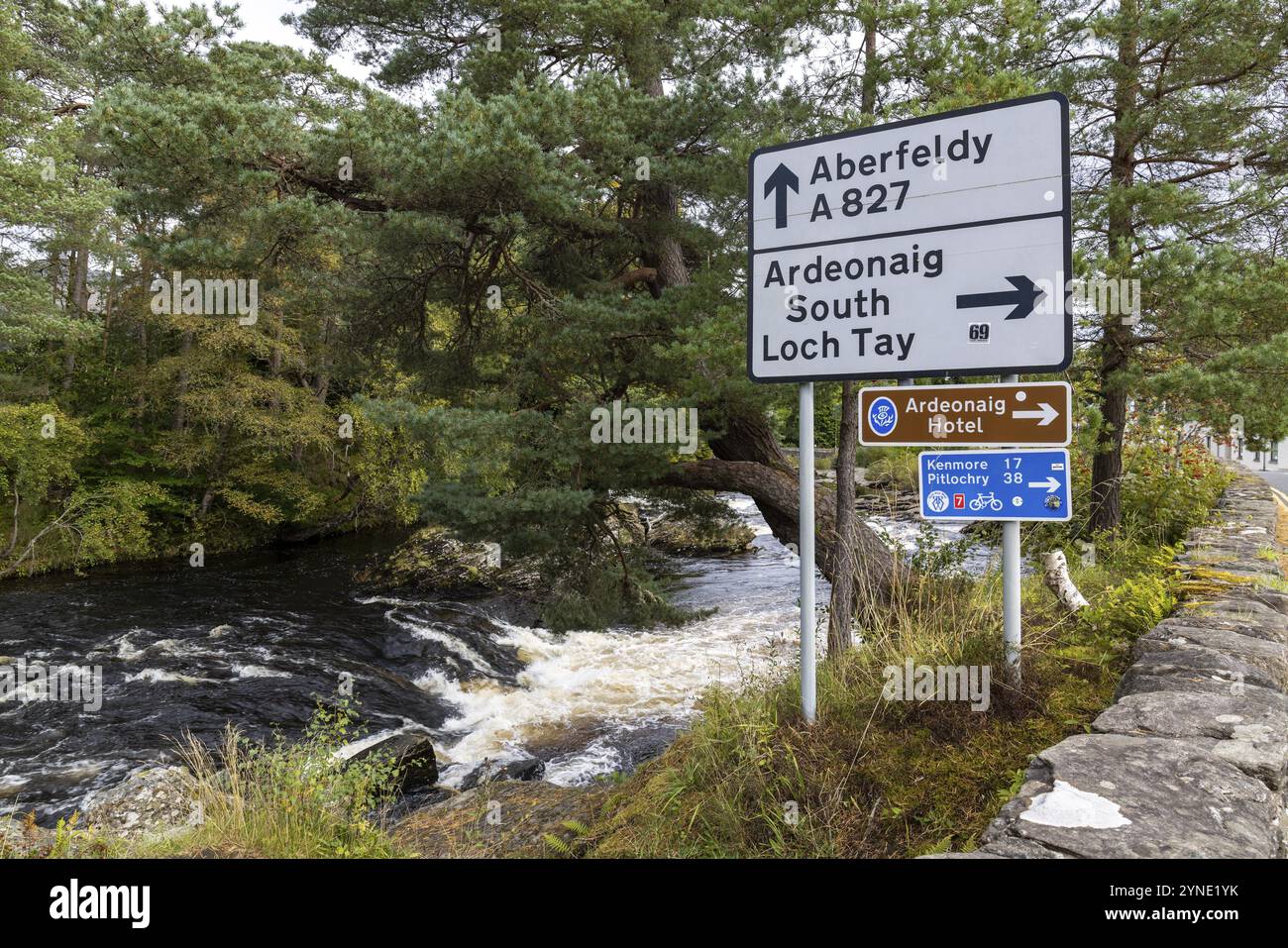 Road sign, signpost to Aberfeldy and South Loch Tay, Killin, Highlands ...