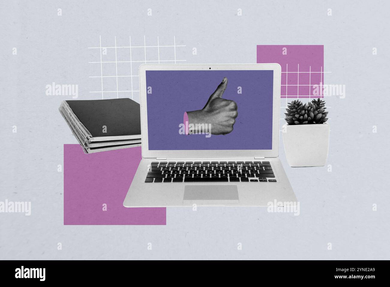 Composite photo collage of hand show like gesture laptop screen notepad ...