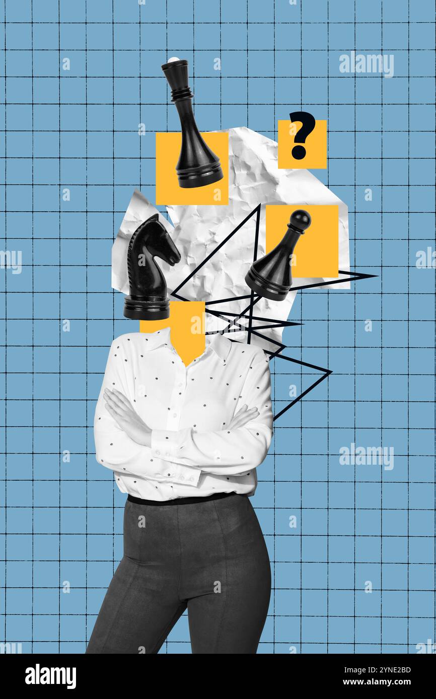 Vertical photo collage of anonym girl instead head black chess figurine ...