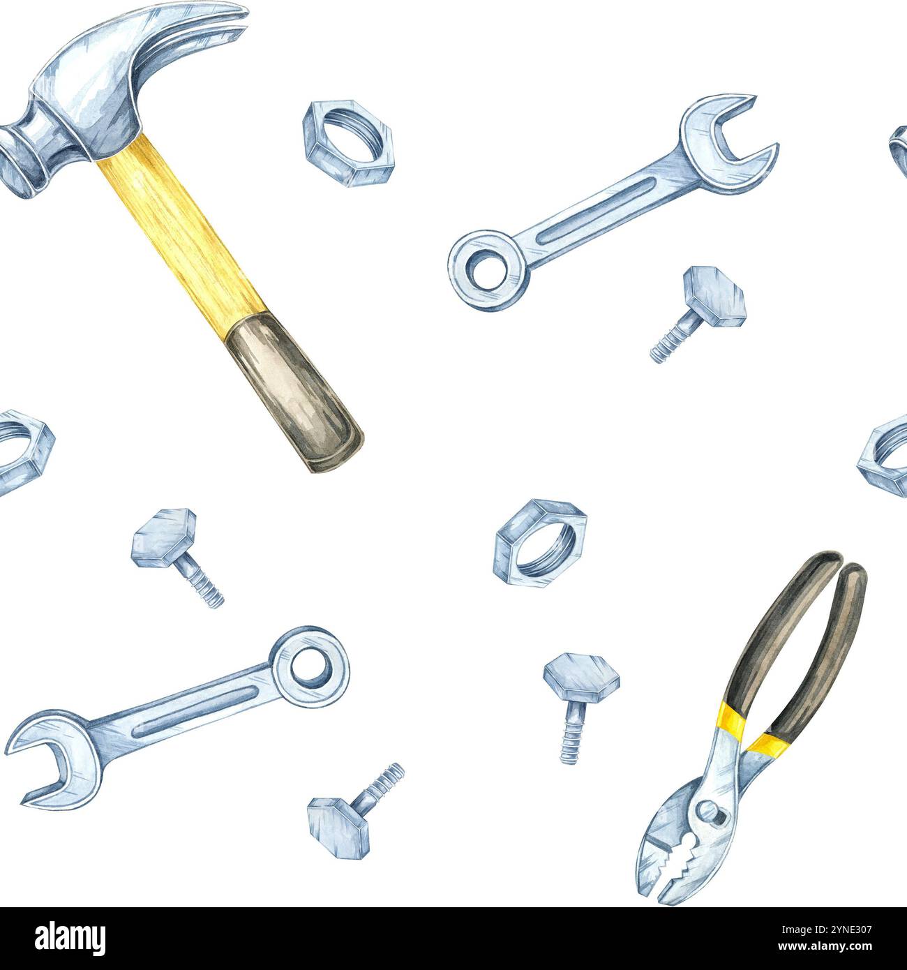 Yellow-handled hammers, wrenches, and bolts in a seamless watercolor ...