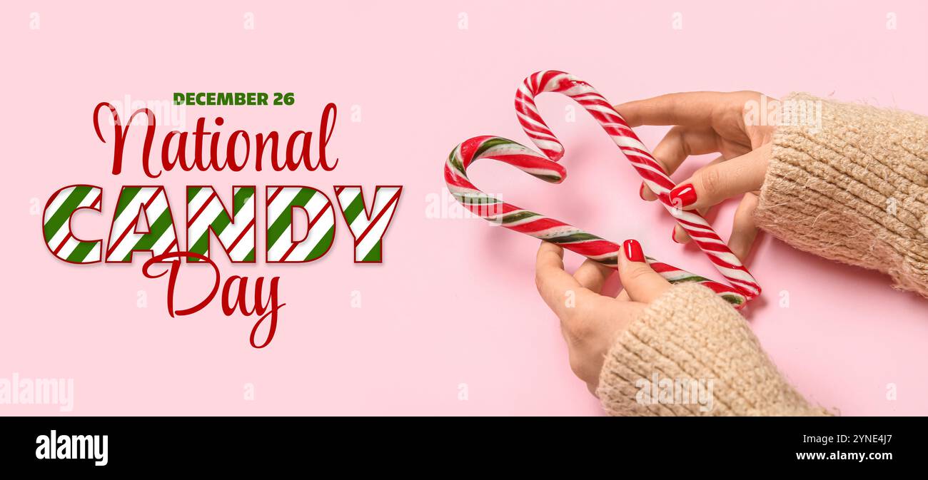 Banner for National Candy Cane Day with female hands holding tasty ...