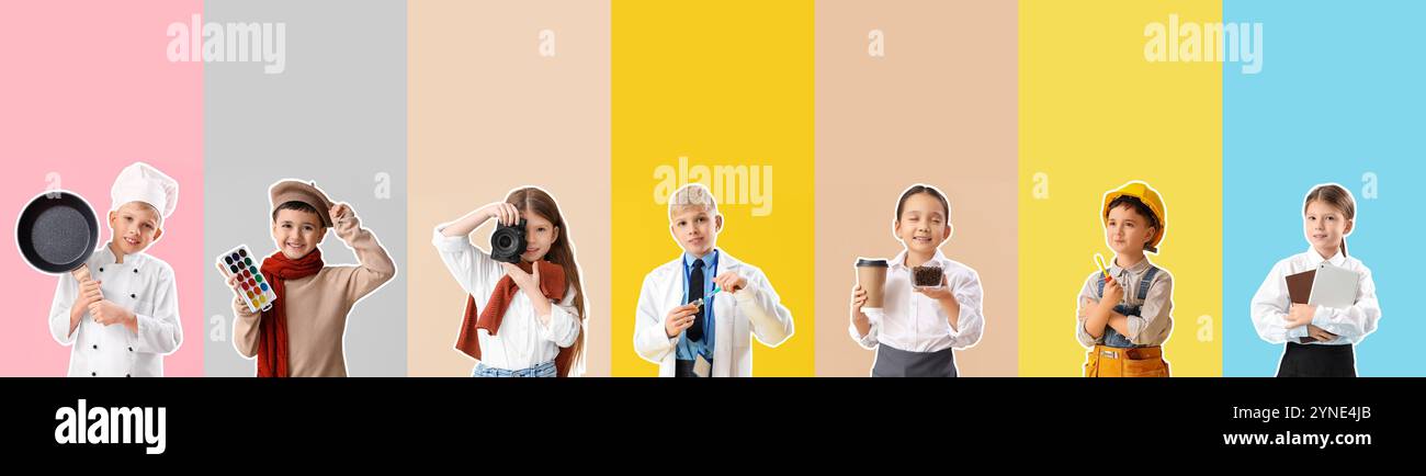Set of different children in uniforms of different professions on color ...