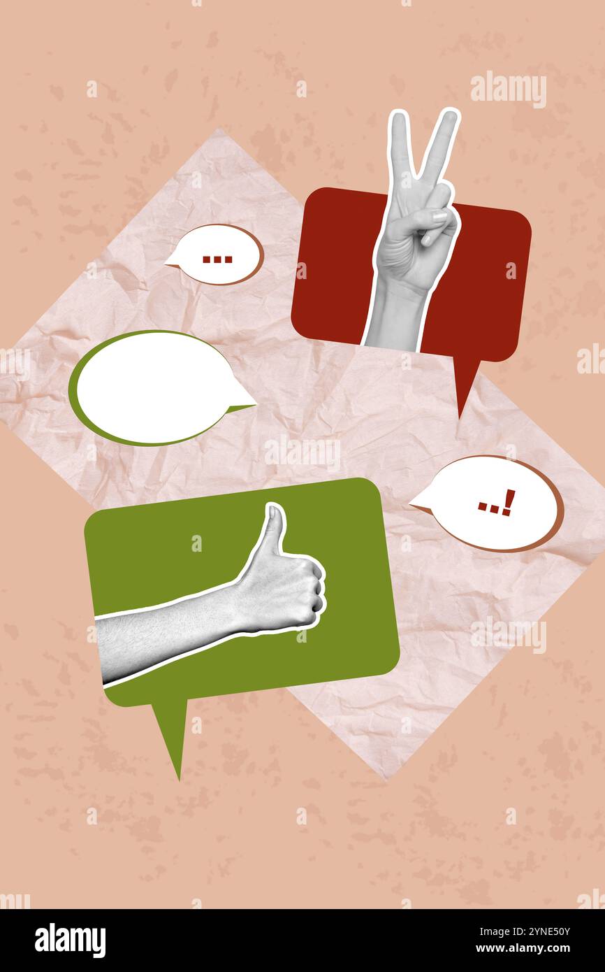 Vertical photo collage of hands show peace thumb up gesture bubble ...
