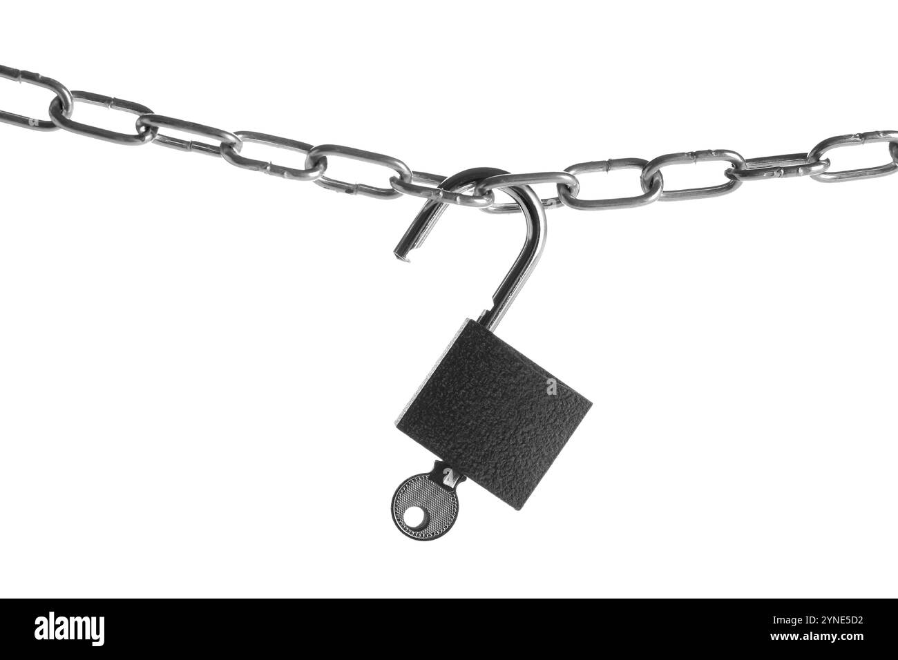 Chain with padlock and key on white background Stock Photo - Alamy
