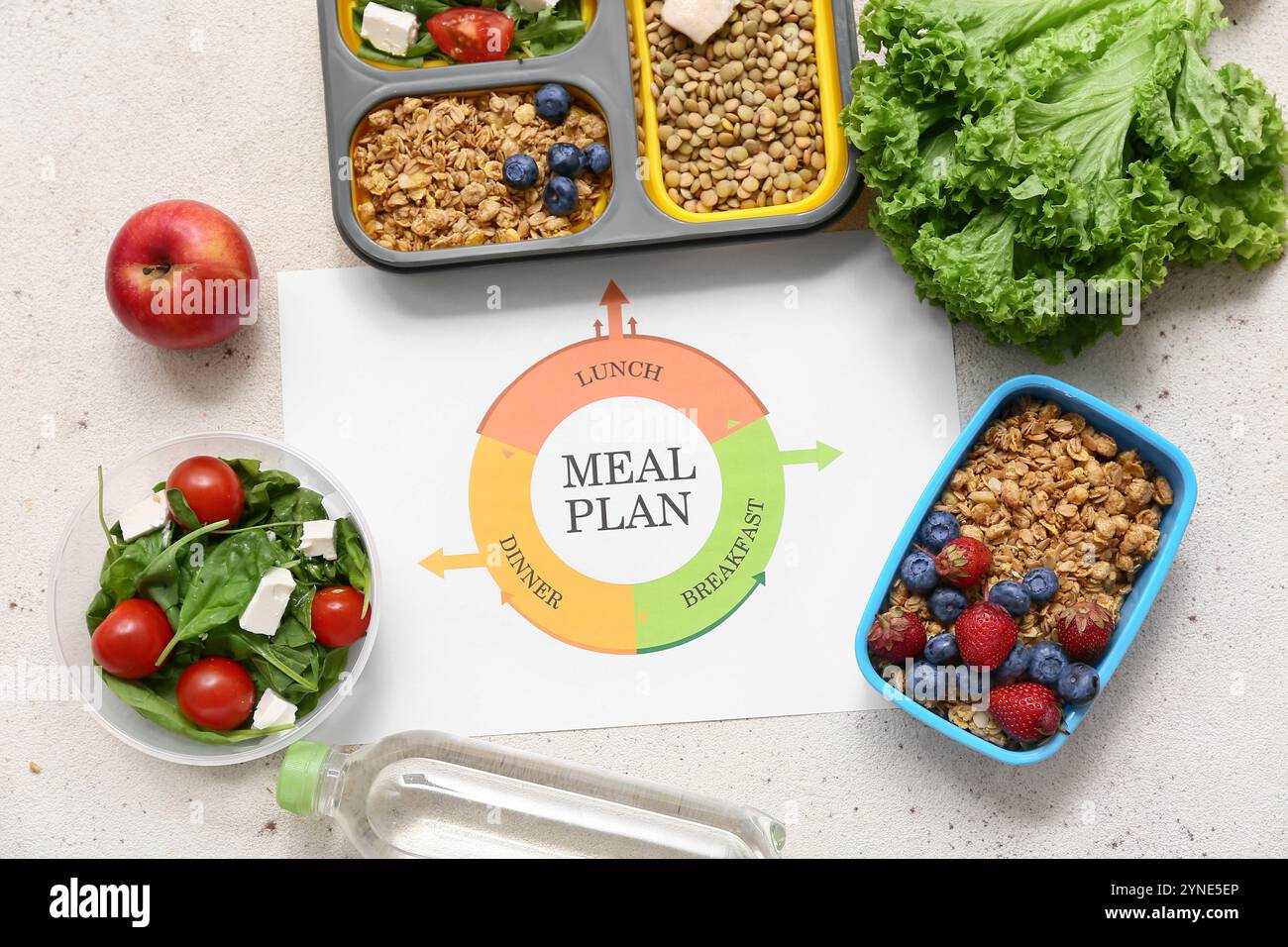 Healthy products and meal plan on light background. Diet concept Stock ...