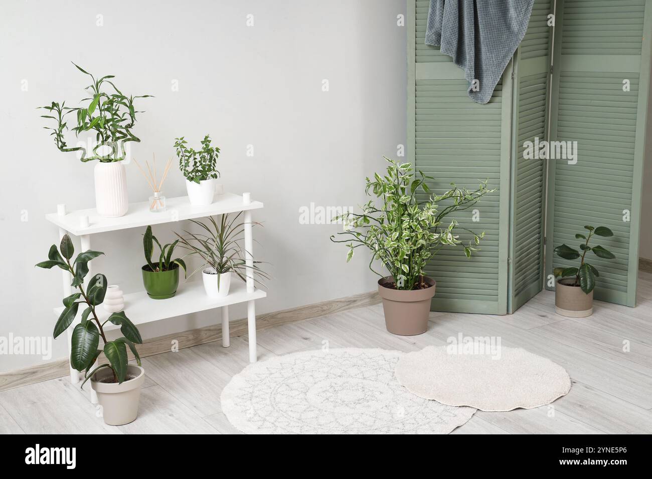 Interior of living room with green folding screen, rack and different ...