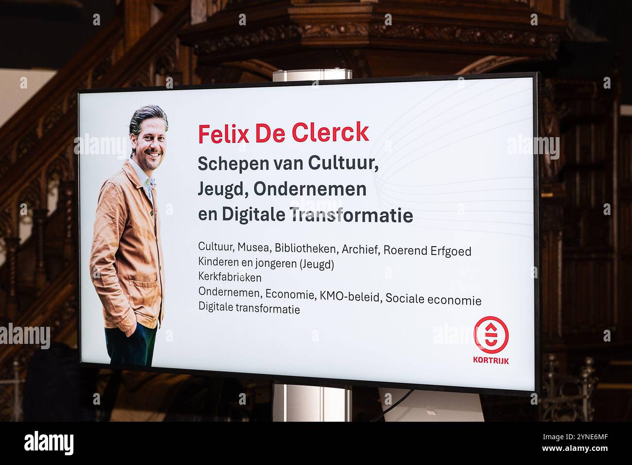 A poster of Alderman Felix De Clerck pictured in marge of a press ...