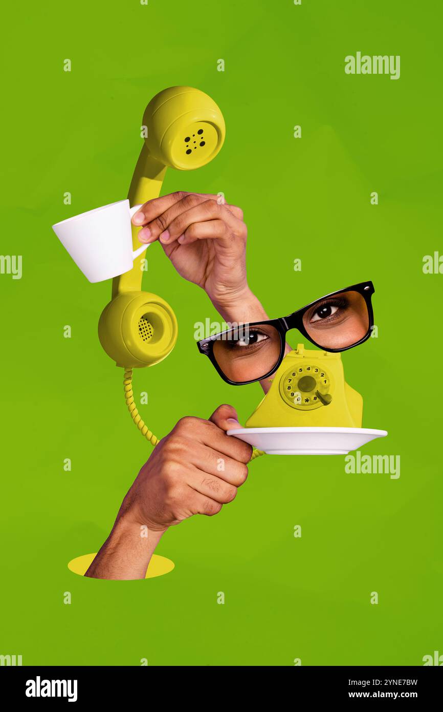 Vertical photo collage of hands hold telephone handset coffee cup ...
