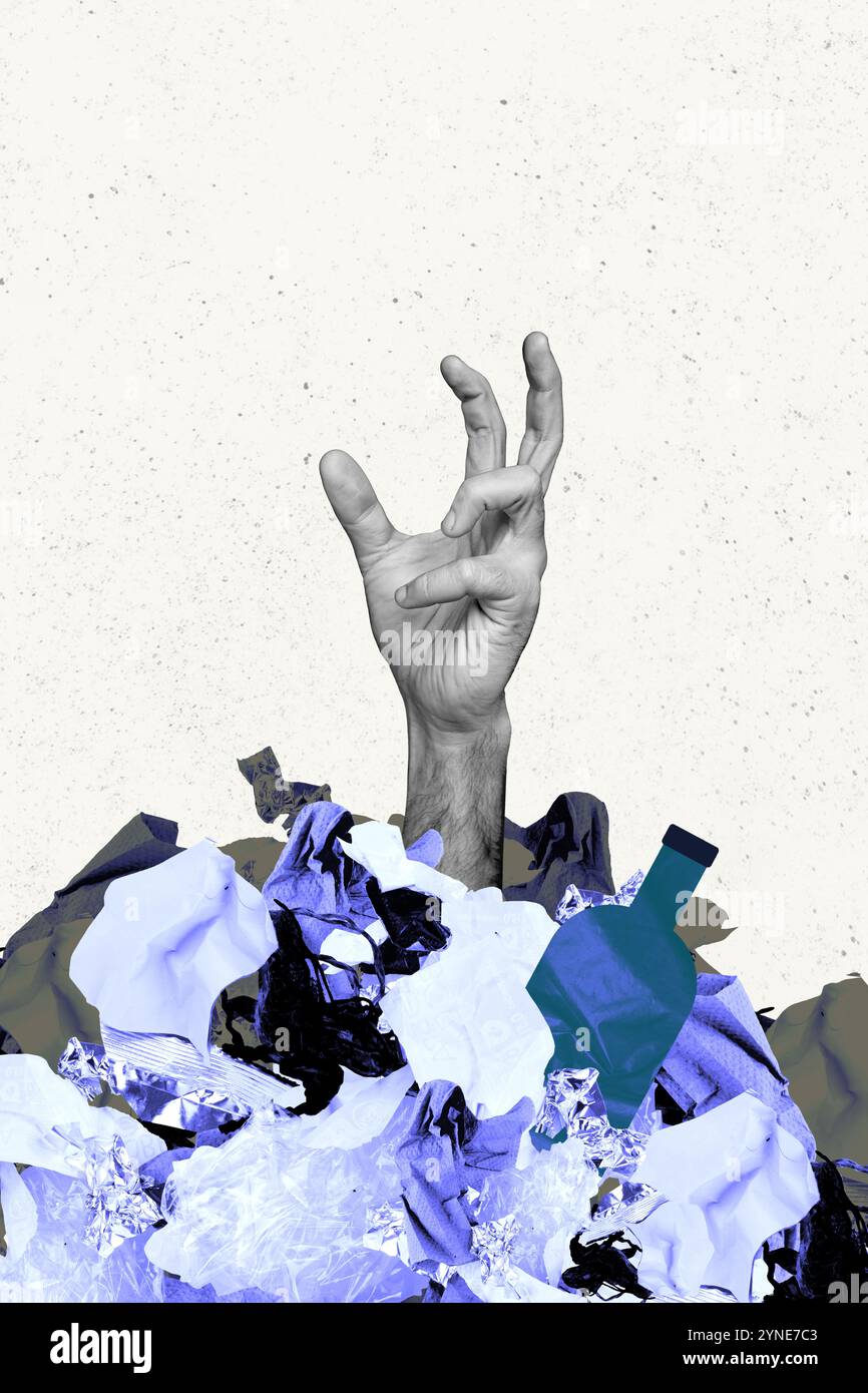 Vertical poster collage hand wrist body fragment escape rubbish trash ...