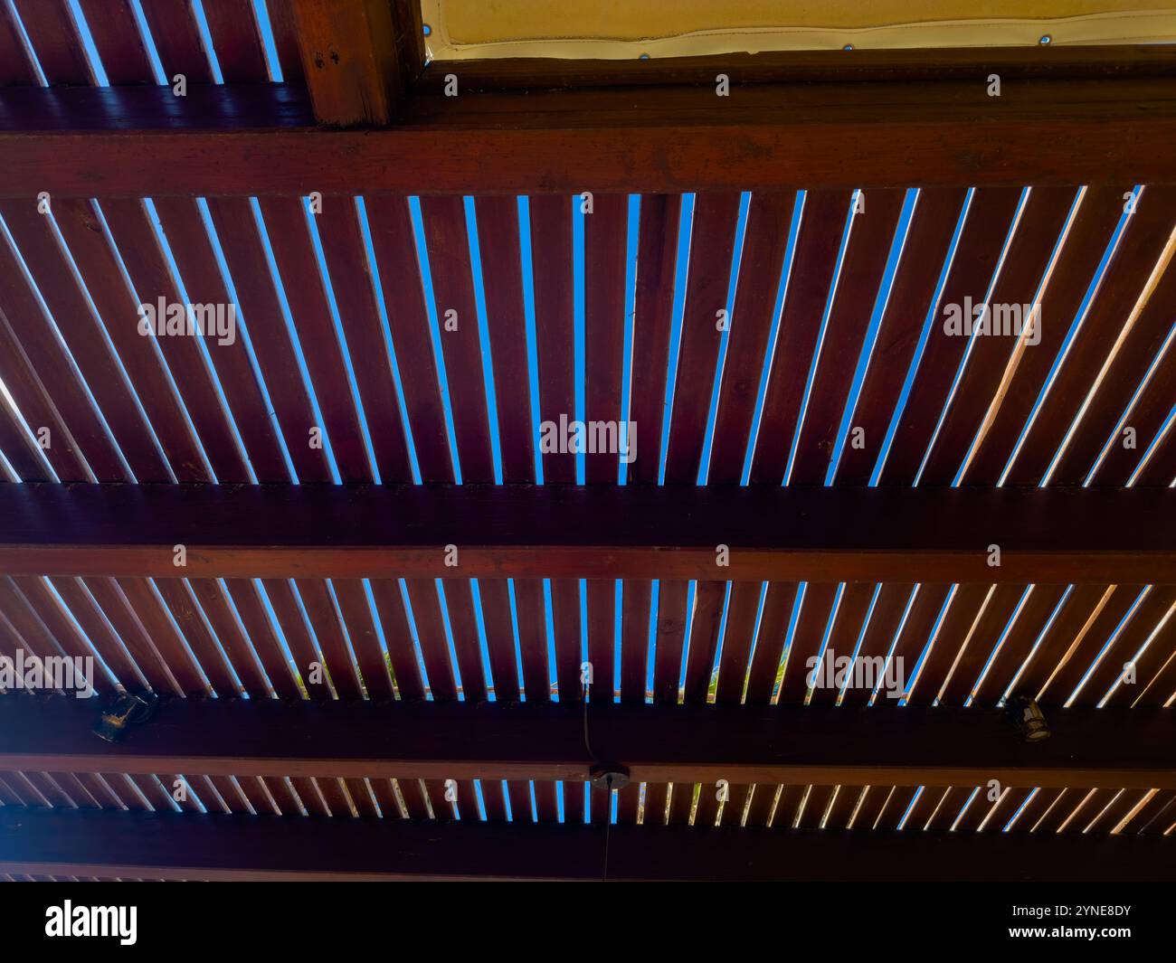 Wooden Ceiling With Blue Light Filtering Through Slats Creates a ...